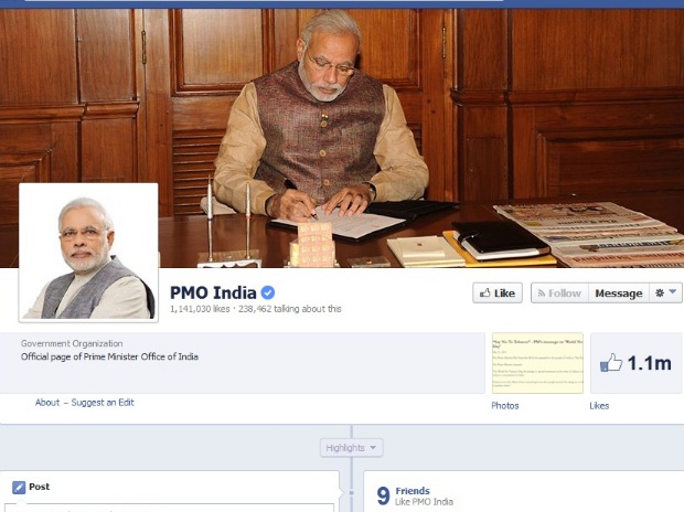 PMO India Facebook page gets over million 'likes' in four days ...