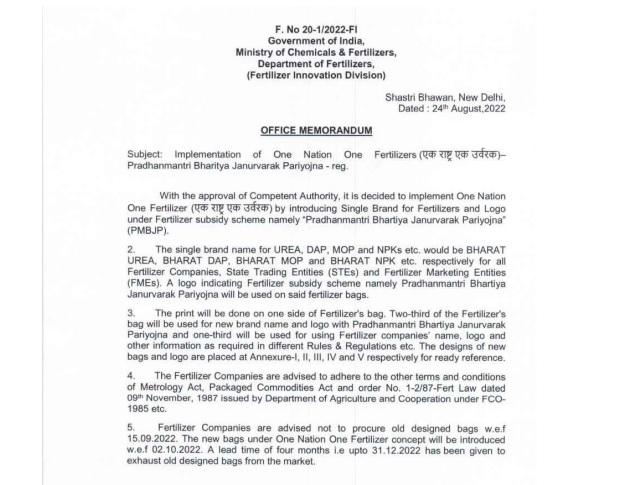 Centre implements 'One Nation One Fertiliser' plan under 'Bharat' brand ...